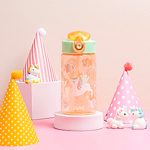 Zak Designs Kids Water Bottle For School or Travel, 16oz Durable Plastic Water Bottle With Straw, Handle, and Leak-Proof, Pop-Up Spout Cover (Unicorn)