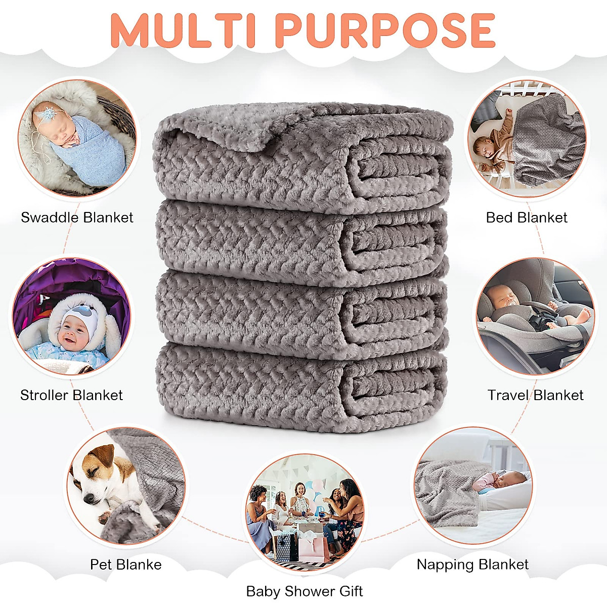 4 Pcs Baby Blankets Toddler Blanket Flannel Fuzzy Plush Flannel Fleece Baby Blankets Soft Warm Throw Crib Blanket, Nursery Swaddling Blankets for Girls Boys Kids Bedding, Gray, 26 x 32 Inch