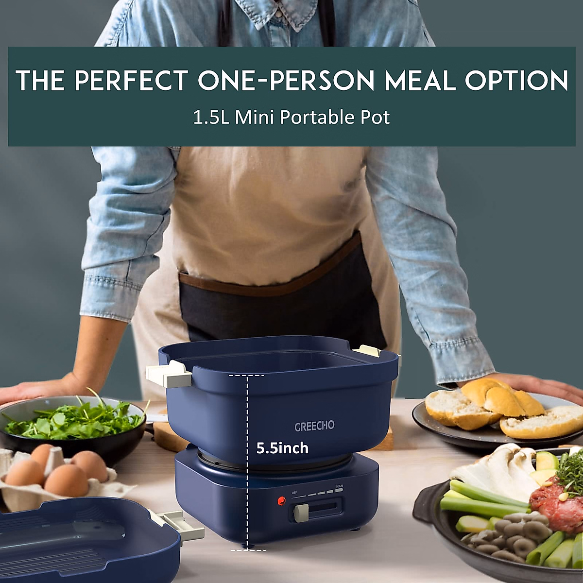 GREECHO 1.5L Electric Hot Pot with Grill, Non-Stick MIni Pot with 4 Mode Multifunction, Frying Pan, Steamer and Noddle Cooker, 4 Temperature Control Electric Pot with 2 Voltage Conversion