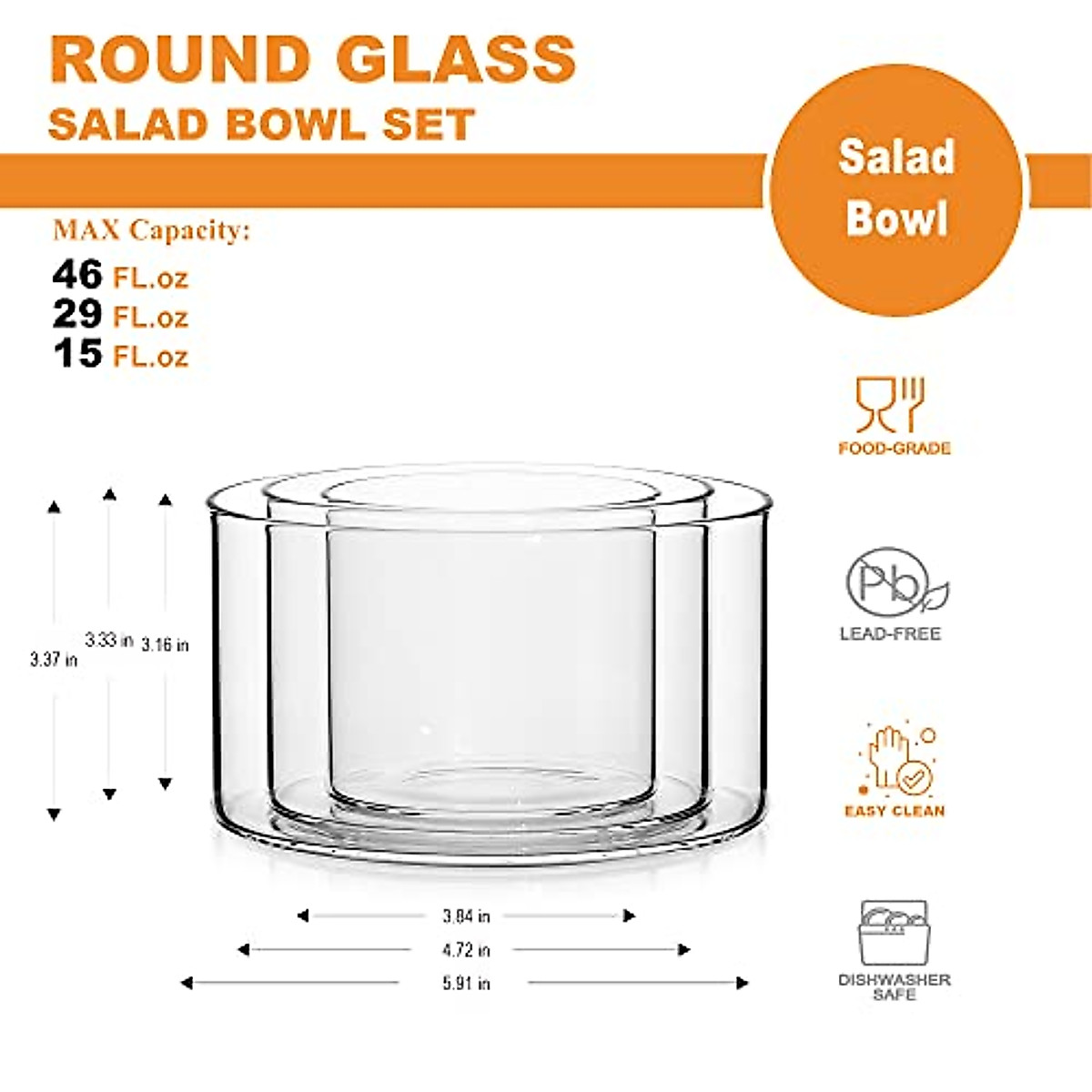 LUXU Glass Salad Bowl Set of 3 Glass,1 of 46OZ Salad Bowl,1 of 29 OZ Mixing bowl,1 of 15 OZ Fruit Bowl