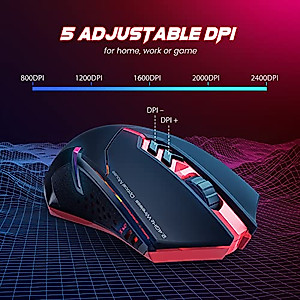 T-DAGGER Wireless Gaming Mouse- USB Cordless PC Accessories Computer Mice with Red LED Backlit, Ergonomic Gamer Laptop Mouse with 7 Silent Buttons, 5 Adjustable DPI Plug & Play for PC