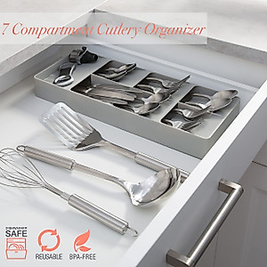 Kitchen Details 7 Slot Cutlery Drawer Organizer | Utensil Tray | Silverware Holder | Knife Spoon Fork | Flatware Storage & Organization | Grey
