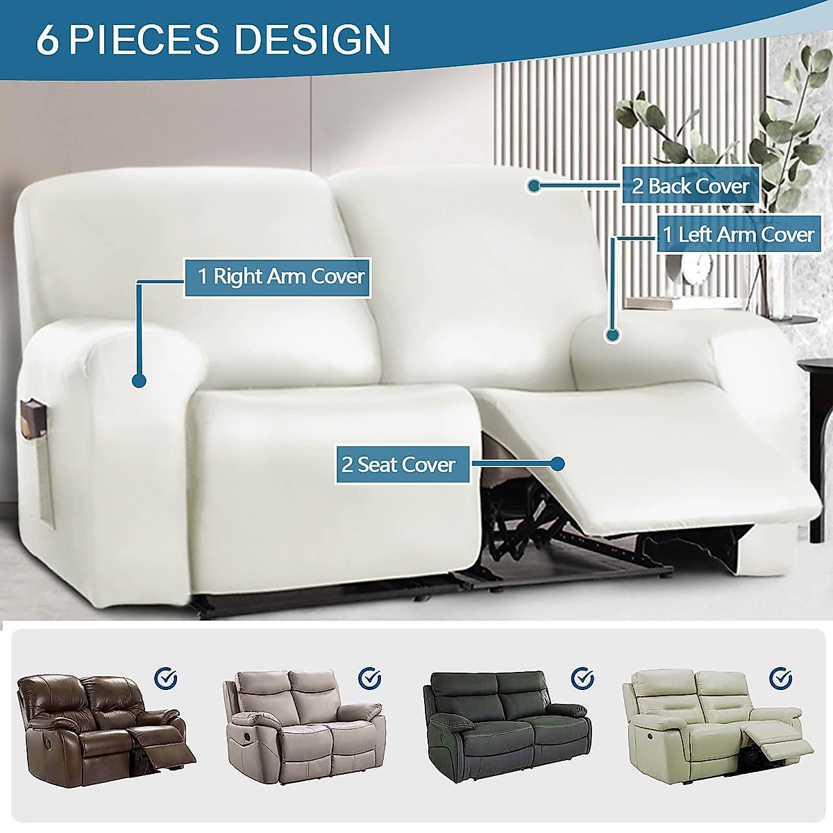 KTYX 4-Pieces/6-Pieces /8-Pieces Recliner Sofa Cover Sets Leather PU Reclining Couch Split Stretch Slipcover Inclined Sofa Covers1/2/3 Seater Sectional (Color : Ivory, Size : 6 Piece | Loveseat)