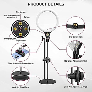 [Upgraded Base] ULANZI Overhead Phone Mount with 10" Selfie Ring Light, Tabletop Light Stand with 360° Shooting Arm, 3500k-6500K Dimmable Ring Light for Video Recording, Live Stream, Portrait & Makeup