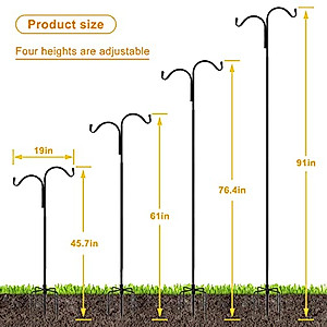MIXXIDEA Double Shepherds Hook 91 Inch, Bird Feeder Pole with 5 Prong Base, 3/5 Thick Adjustable Hook for Hanging Bird Feeders, Plant Basket, Solar Lights Lantern, Weddings Decor (Black 2 Pack)