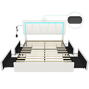 DICTAC Bed Frame Queen Size with 4 Storage Drawers and LED Lights Faux Leather Upholstered Queen LED Platform Bed Frame with USB Ports & Adjustable LED Headboard,No Box Spring Needed,Noise Free,White