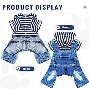DOGGYZSTYLE Small Dog Hoodie Clothes Cute Stripe Shirts Denim Jumpsuit One-Piece Outfit for Small Medium Dogs Cats Boy Girl Chihuahua Blue Jeans Overalls Puppy Costume (Blue,XS)