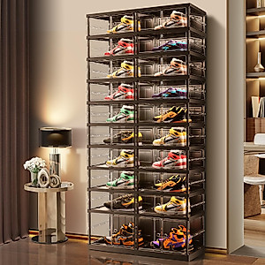 EHAMILY 10 Tiers 20-40 Pairs Foldable Shoe Boxes Large Plastic Shoe Storage Rack Collapsible Shoe Organizer for Closet Clear Stackable Shoes Shelf Storage Cabinet with Doors Quick Assembly Black