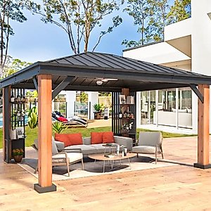 EROMMY 12' X 14' Hardtop Gazebo, Galvanized Steel Top with Wood Grain Aluminum Frame, Permanent Metal Pavilion with Three-Layer Storage Shelves for Patio, Backyard, Deck and Lawns