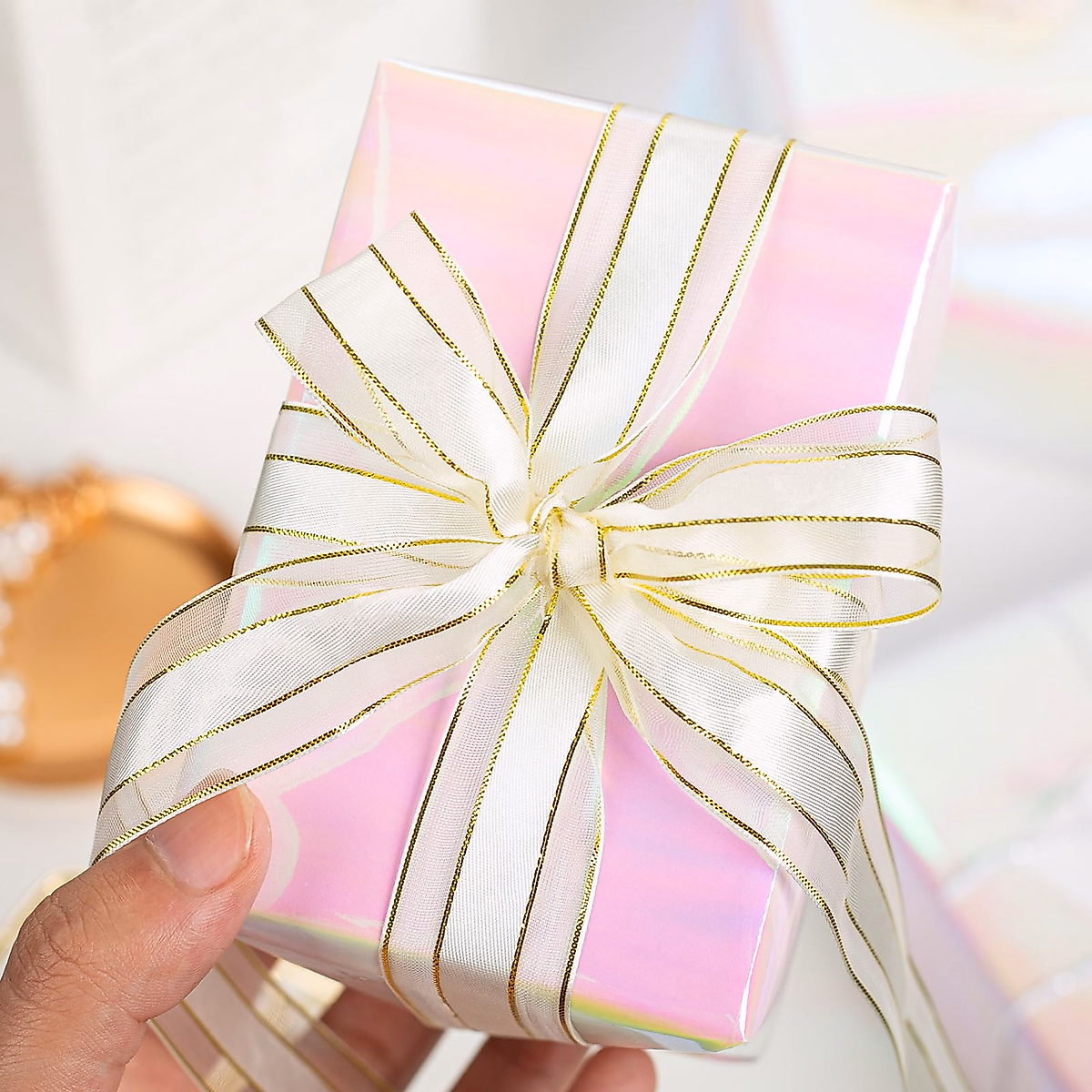 Metallic Iridescent Wrapping Paper - 17Inch x 33Feet - Girly Pink Iridescence Holographic Pattern Girls Fairy Gift Wrap Present Paper for Birthday Wedding Bridal Shower Valentine's Day Mother's Day