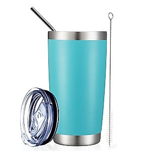 COMOOO 20oz Double Wall Vacuum Insulated Travel Mug, Stainless Steel Tumbler with Lid, Durable Powder Coated Insulated Coffee Cup for Cold & Hot Drinks, Light Blue