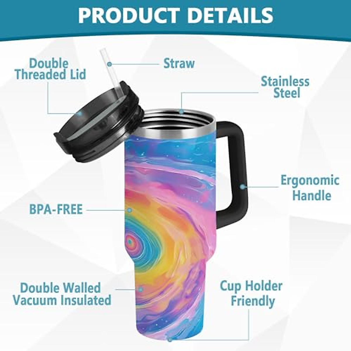 FRCSDIY Colored Vortex Insulated Tumbler with Handle and Straw Lid,40oz Leakproof Stainless Steel Cup BPA-Free Water Bottle