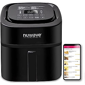 NUWAVE Brio 8-Qt Air Fryer, Powerful 1800W, Easy-to-Read Cool White Display, 50°-400°F Temp Controls, 100 Pre-Programmed Presets & 50 Memory Slots, Integrated Smart Thermometer, Linear T Technology
