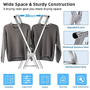 funest Clothes Drying Rack, 79 Inches Adjustable & Foldable Laundry Drying Rack, Heavy Duty Stainless Steel Drying Rack Clothing with 20 Hooks, 12 Clips, Suitable for Indoor, Outdoor and Balcony