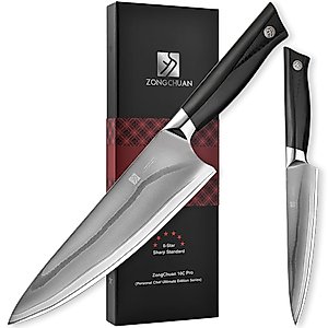 ZongChuan 10C Pro Kitchen Knife Set 2pc,8" Chef Knife & 5.5" Utility Knife,VG10 High Carbon Stainless Steel,6-Star Sharp Standard,G10 Black Handle,Love's Gift Box