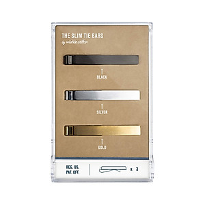 Würkin Stiffs The Slim Tie Bar Clip Set Set of 3 Brushed Finish Tie Clips | Includes (1) Gold, (1) Black, (1) Silver | Pack of 1.65” Long Necktie Clips | Gift for Men | As Seen on Shark Tank