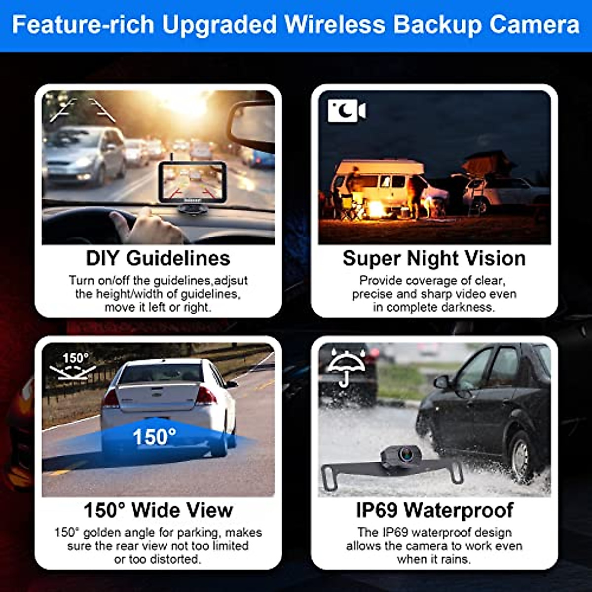 DoHonest Wireless Backup Camera for Trucks Car Pickup Camper Van with 7 Inch Monitor System, HD 1080P Bluetooth Backup Camera 2.4G Stable Digital Signals, Support Add Second RV Rear View Camera-V29