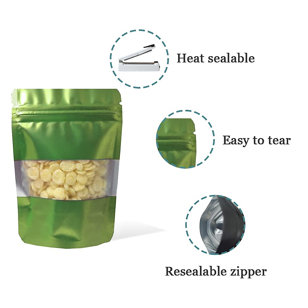 PABCK 3.5x5.1 inch Frosted Green Resealable Stand Up Bags with Window Heat Seal Bulk Food Storage Packaging Foil Pouches Pack of 50