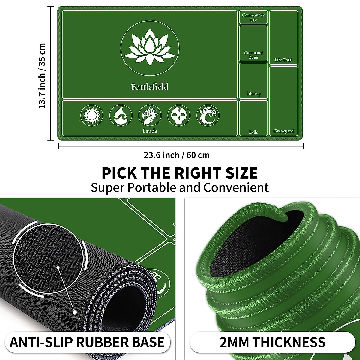 EDGFRTOIO Card Playmat Stitched with Magic Zones, Game Mats Tabletop 24x14 inch for MTG/TCG Card Battles Commander Deck Gaming Desk Mat Duel Mat Card Gameplay Mats for Beginner (Black, Green, 2 Pack)