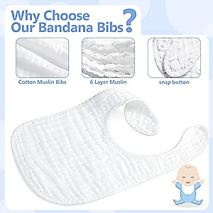 20 Pack Muslin Bibs Adjustable Baby Bibs White Drool Bibs 6 Absorbent Layers Newborn Bibs Baby Bandana Bibs for Baby Girl Boy Feeding, Drooling and Teething, Machine Washable