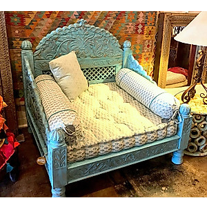 Carved Jhula Arch Love Seat. Hand Crafted from Solid Mahogany Wood. Designed & Imported by Worldcraft (Blue Percentage Finish, Love Seat: 34Dx33Wx42H)