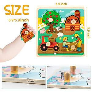 Funsland Wooden Peg Puzzles 4 Pcs Animal Patterns Puzzles Infant Fine Motor Skill Wood Puzzle Set for 1 2 3 Years Old