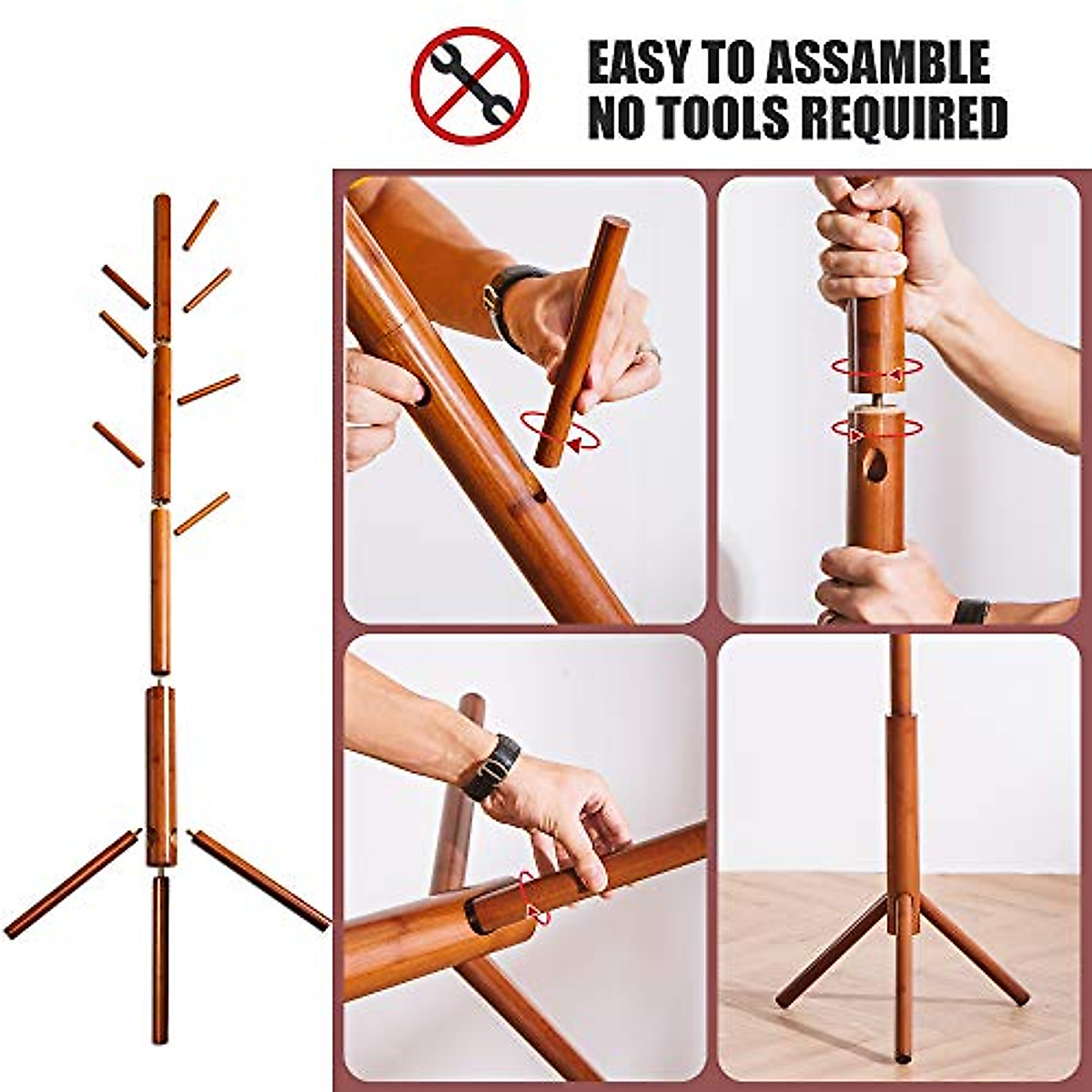 FILWH Premium Bamboo Coat Rack Tree with 8 Hooks, 3 Adjustable Sizes Free Standing Wooden Coat Rack, Super Easy Assembly Hallway, Entryway Coat Hanger Stand for Clothes Suits