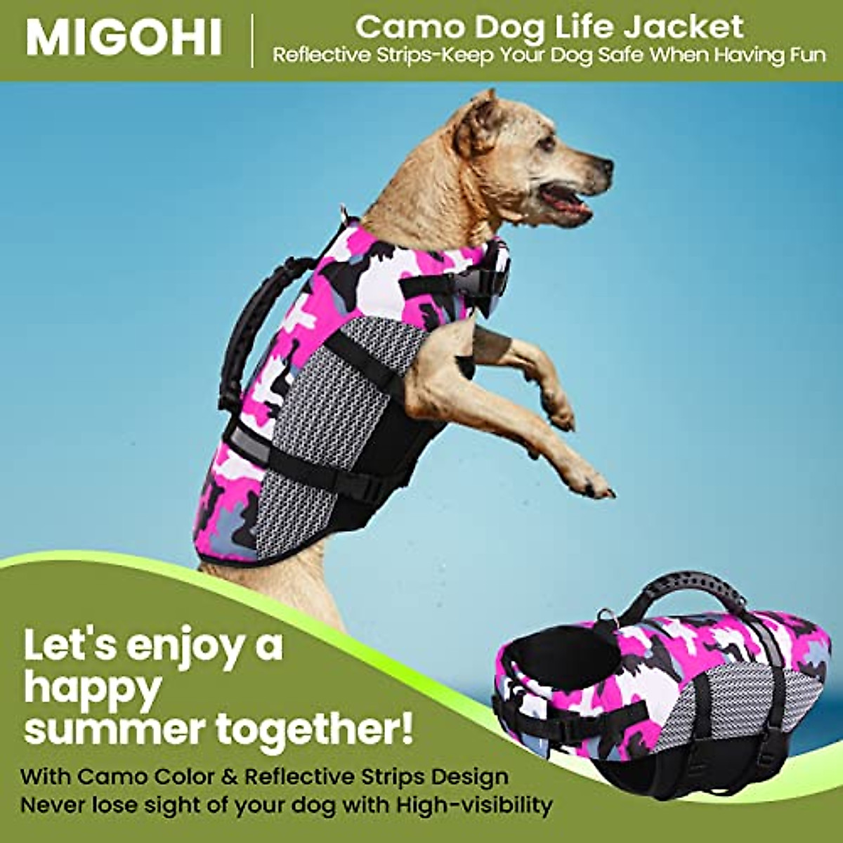 MIGOHI Dog Life Jacket, Camo Dog Life Vest with Rescue Handle for Swimming Boating Pool, High Visibility Dog Flotation Swimsuit Ripstop Doggy Lifesaver for Small Medium Large Dogs, Pink M