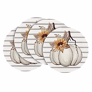 Artoid Mode Stripes Pumpkin Sunflower Leaves Round Fall Placemats Set of 4, 15 Inch Seasonal Autumn Round Table Mats for Dining Decoration