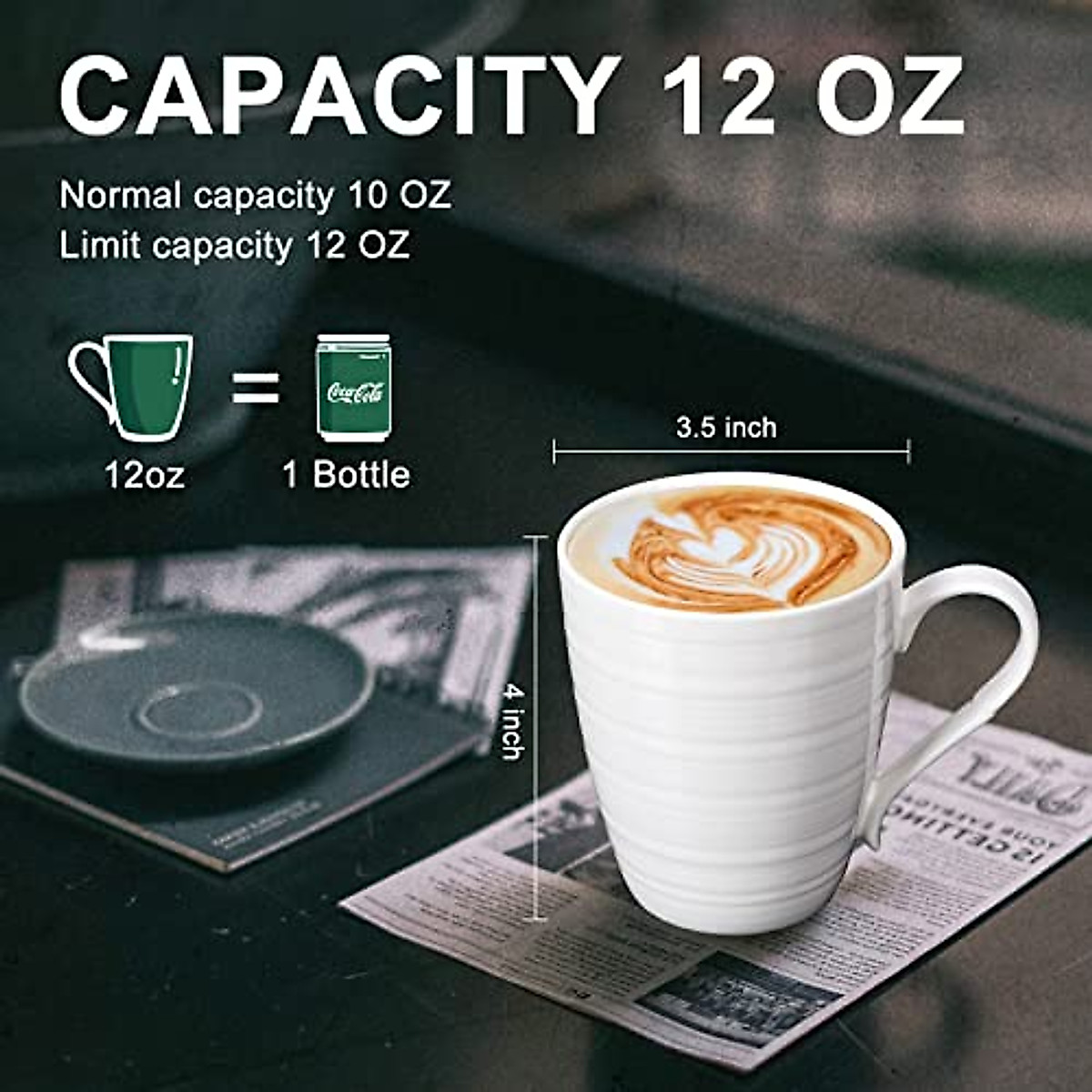 Vidalenta Coffee Mugs Set of 6, 12 oz Ceramic Coffee Cups White Coffee Mugs Latte Mugs, Tea Cups Drinking Cups for Cocoa or Hot Chocolate, Microwave & Dishwasher Safe