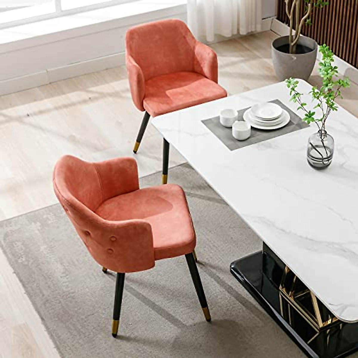 Freemax Velvet Dining Chair with Metal Legs, Upholstered Fabric Accent Armchair Button Tufted Modern Leisure Side Chairs for Living Room, Bedroom Office Desk Seat Makeup Vanity Stool (Coral)