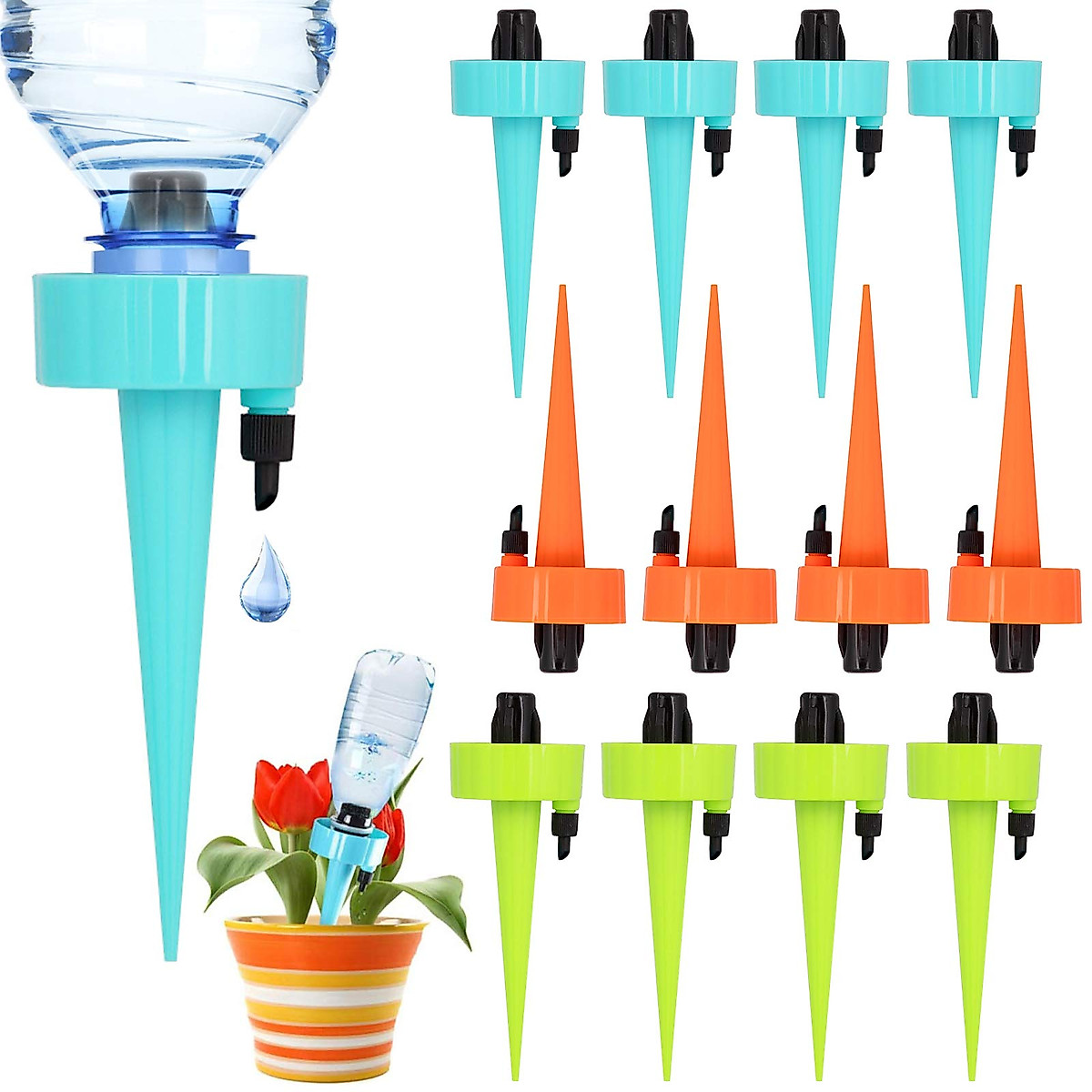 Kingwora Plant Self Watering Devices - 12 Pack Automatic Irrigation Equipment Plant Water with Slow Release Control Valve, Adjustable Water Volume Drip System for Home and Vacation Plant Watering