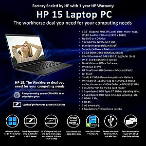 HP 15 Laptop 2022 Intel Core i5-1135G7, Nvidia MX350 2GB, 512GB NVMe SSD, 16GB RAM, Win 11 Pro, 15.6" FHD(non-touch), Jet Black, light weight 3.86lbs, long battery life, 64GB Tech Warehouse Flashdrive