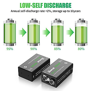 BONAI 6F22 9 Volt Rechargeable Battery(4 Pack) 600mAh Li-ion Rechargeable 9v Batteries with Charger(2 Bay) High Capacity