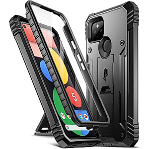 Poetic Revolution Series for Google Pixel 5 Case, Full-Body Rugged Dual-Layer Shockproof Protective Cover with Kickstand and Built-in-Screen Protector, Black