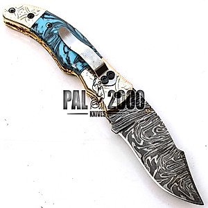 POC-9776 Folding Damascus Steel Hunting Knife with Pocket Clip Sheath