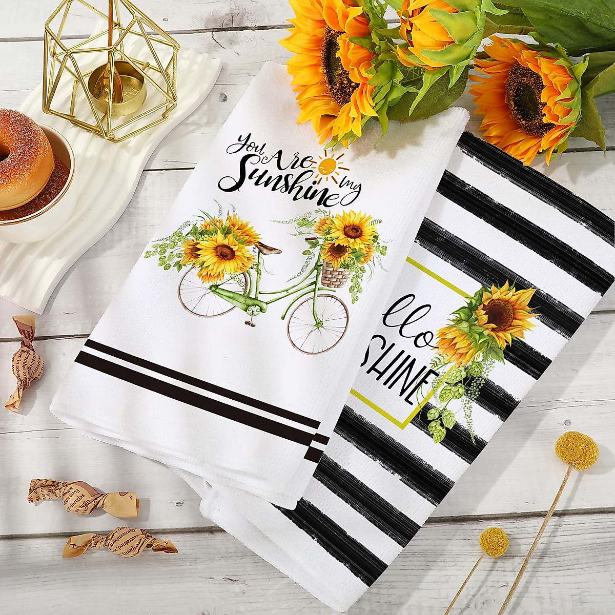 AnyDesign Sunflower Kitchen Dish Towel 18 x 28 Inch Seasonal Watercolor Flower Bicycle Cloth Tea Towel White Black Stripes Spring Summer Farmhouse Decorative Hand Towel for Kitchen Home Cooking, 2Pcs