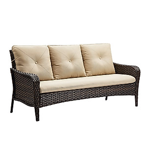 Rilyson Outdoor Patio Sofa, 3-Seat Patio Sectional PE Wicker Sofa, Outdoor Wicker Couch with Deep Seating and Cushions