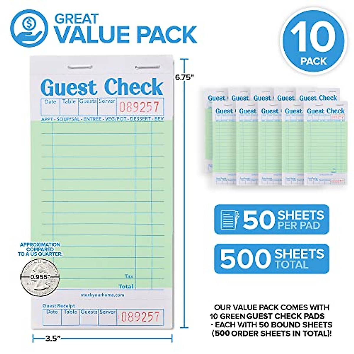 Stock Your Home Green Guest Check Books for Servers (10 Pack) Server Note Pads, Waiter Checkbook, Food Receipt Book, Restaurant Order Pad, Paper Checks, Waitress Accessories, 500 Total Tickets