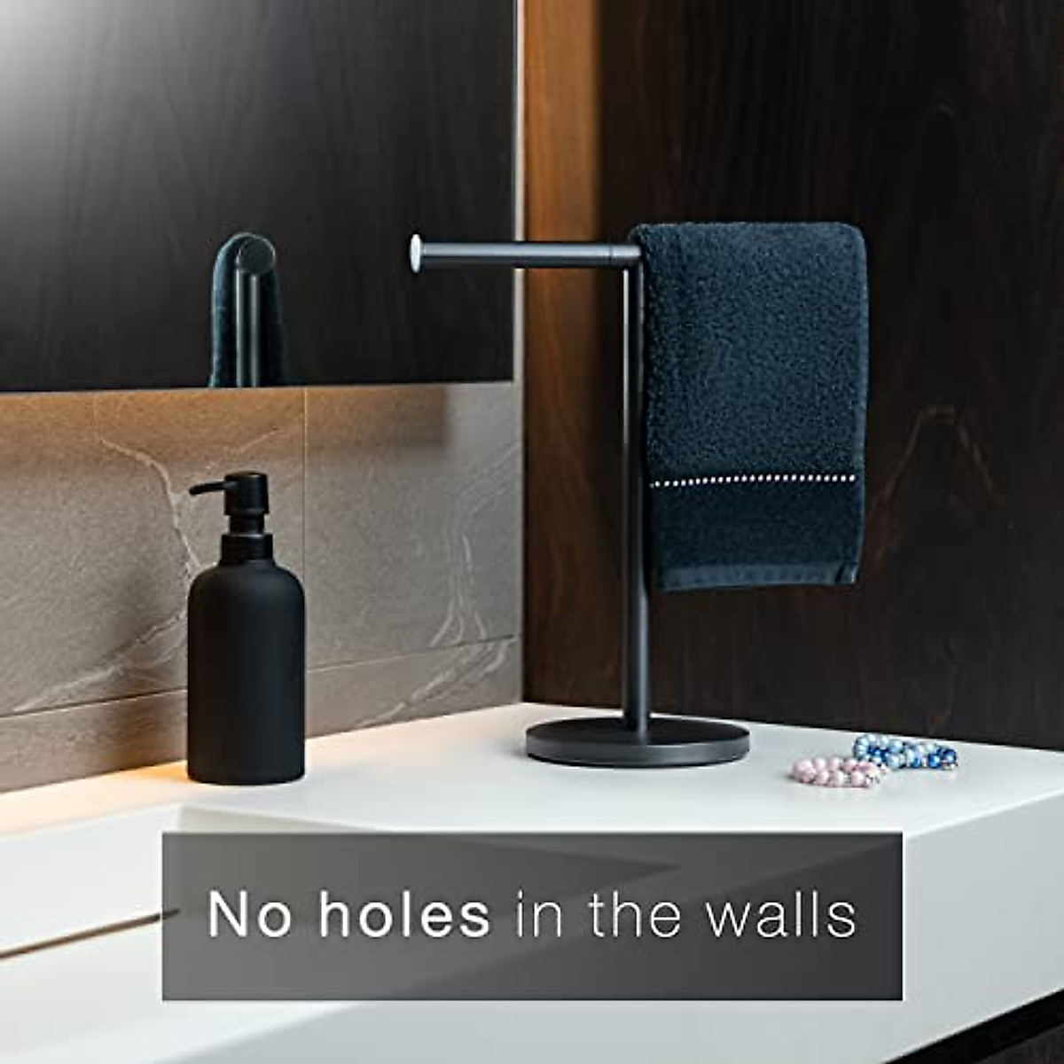 Debodda Modern Hand Towel Stand for Bathroom, Kitchen or Vanity, Height 13.78”, Free Standing Matte Black Countertop Rack with Balanced Base, Perfect Hand Towel Holder, Dual Washcloth Display