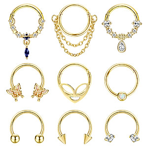 FIBO STEEL 16G Septum Ring Septum Piercing Jewelry for Women Stainless Steel Septum Nose Rings Horseshoe Cartilage Hoop Helix Tragus Piercing Jewerly Gold-tone 8mm