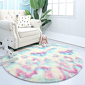 ST. BRIDGE Soft Round Rainbow Rug for Girls Room, Fluffy Circle Rug for Kids Room Decor, Indoor Modern Anti-Skid Fuzzy Nursery Mats, Shaggy Fur Area Rugs for Living Room Bedroom Plush Carpet, 4 Feet