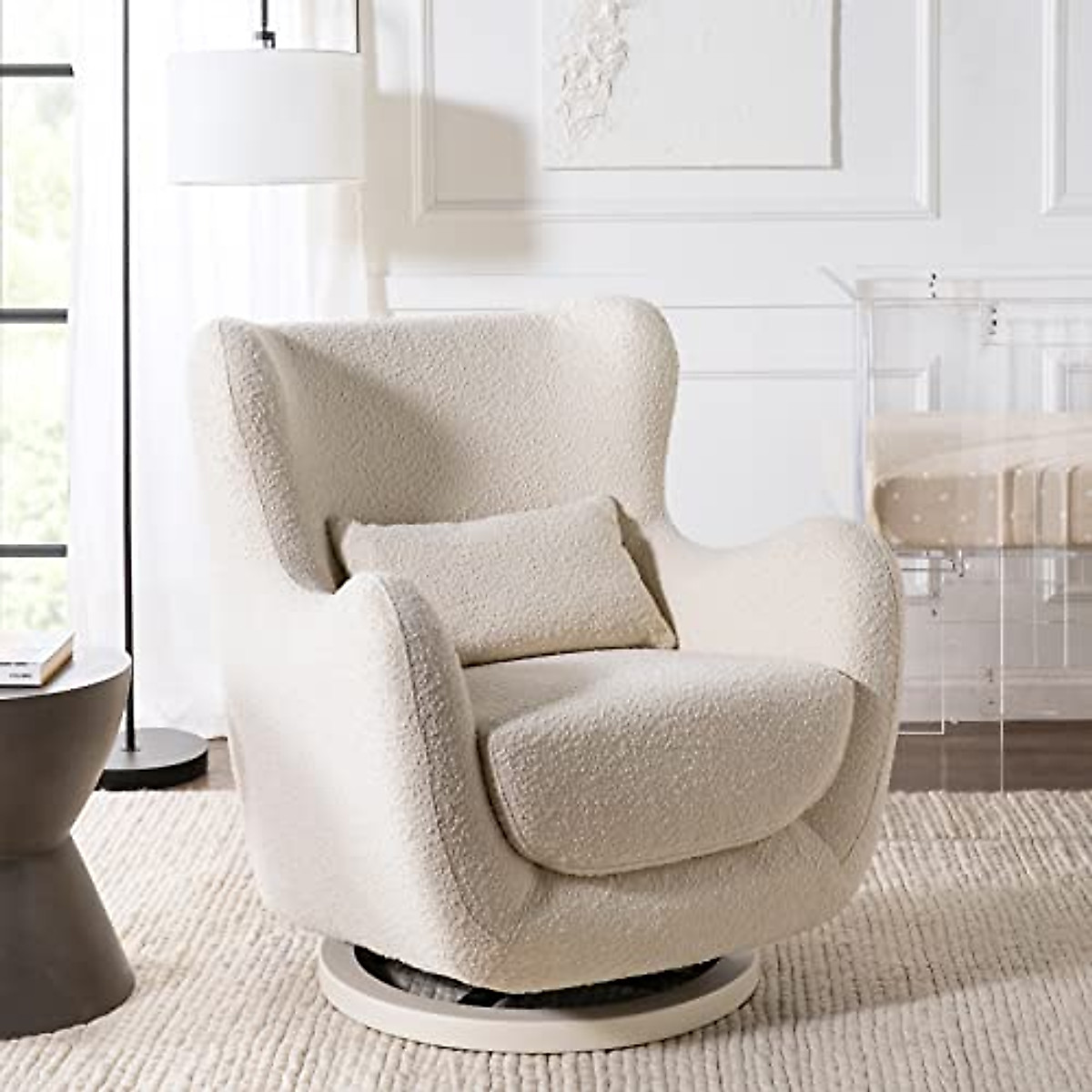 Nursery Works Solstice Swivel Glider in Ivory Boucle with Ivory Wood Base, Greenguard Gold Certified and CertiPUR-US® Certified