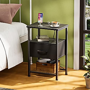 LAKEMID Nightstands Set of 2 with Charging Station and Drawer, End Table Bedside Table with 20 Colors LED Light Strip and 2 Layers Shelf for Bedroom Living Room Sofa Couch (Black)