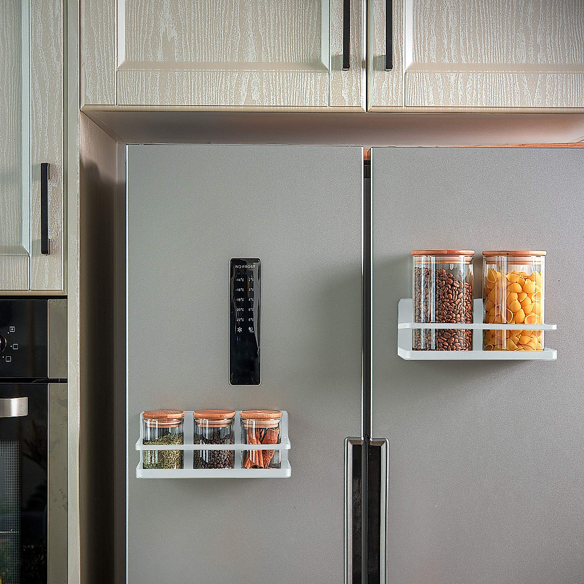 2 Pack - Magnetic Spice Rack, Fridge Organizer Shelf, Side Wall Refrigerator Storage for Spices, Utensils or Plates, Works as Towel Holder with Hooks, Organization for Home and Kitchen (White)