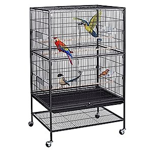 SUPER DEAL 52 Inch Rolling Bird Cage Large Wrought Iron Cage for Cockatiel Sun Conure Parakeet Finch Budgie Lovebird Canary Medium Pet House with Rolling Stand & Storage Shelf