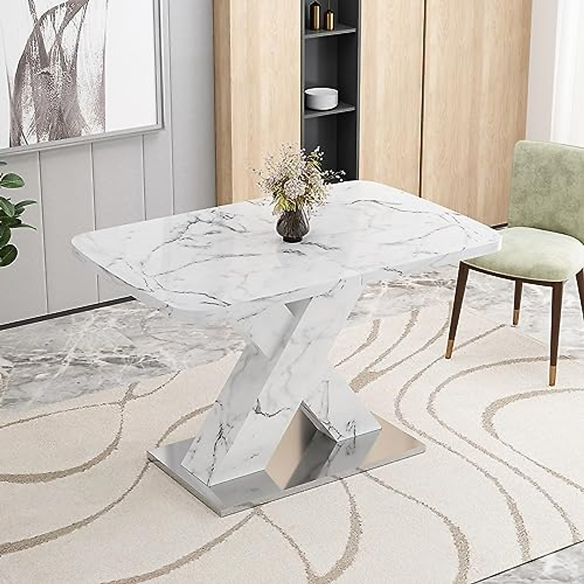Modern Marble Top Dining Table, Extendable Marble Dining Table for 4-6, Expandable Dining Table with Faux Marble Top and Crossed Pedestal Base, Large Dining Table for Dining Room Kitchen (White)
