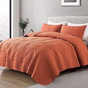 Burnt Orange Quilts Queen Size Bedding Sets with Pillow Shams, Red Lightweight Soft Bedspread Coverlet, Quilted Blanket Thin Comforter Bed Cover, All Season Summer Spring, 3 Pieces, 90x90 inches