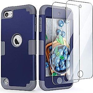 iPod Touch Case with 2 Screen Protectors, IDweel 3 in 1 Hard PC Case + Silicone Shockproof for Kids Heavy Duty Hard Case Cover for 2019 iPod Touch 7th/6th/5th Generation, Navy Blue + Gray