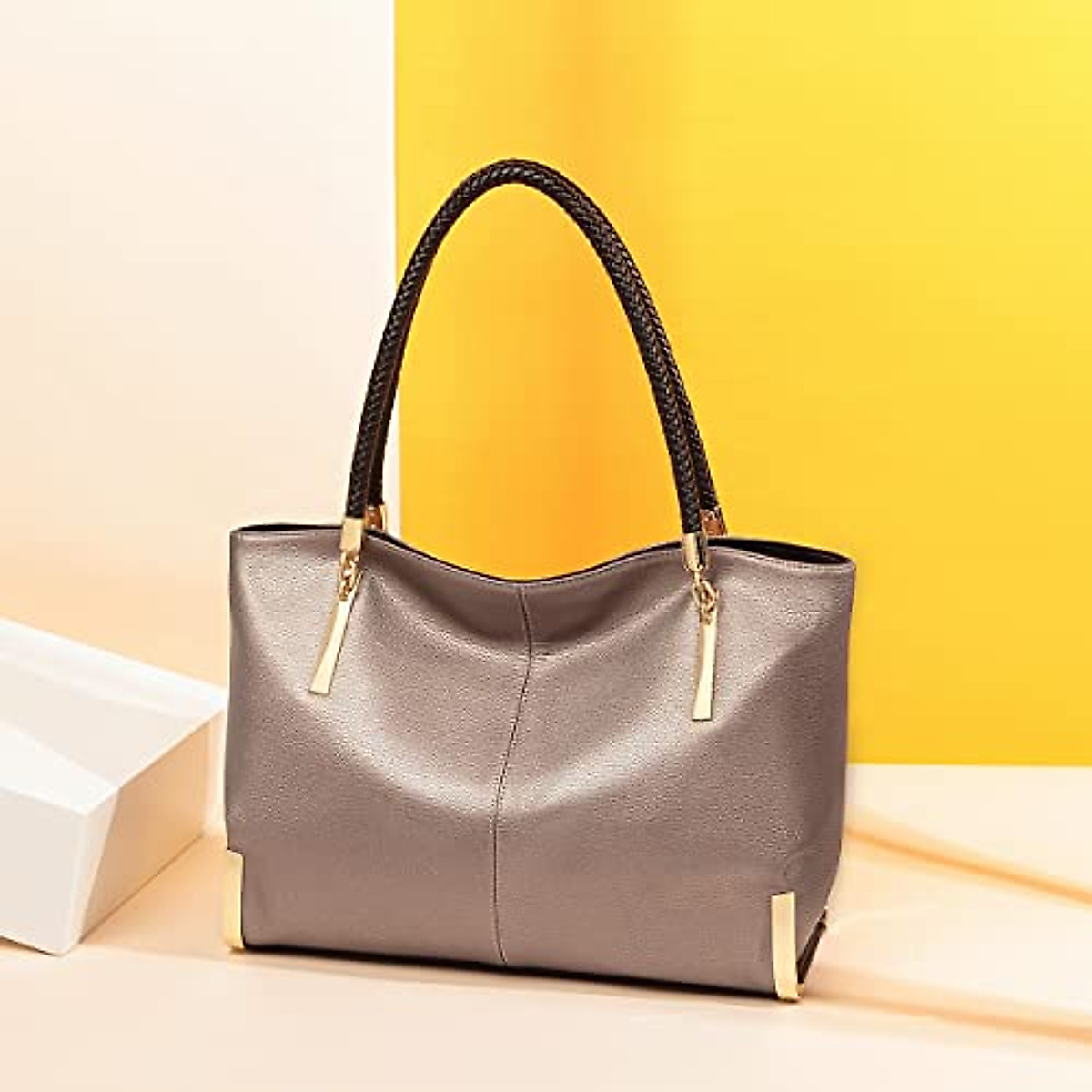 FOXER Large Leather Tote Handbags for Women, Split Cowhide Zipper Closure Ladies Top-handle Bags Womens Large Shoulder Purses and Handbags Women's Fashion Pocketbooks with Woven Handle(Rose Gold)